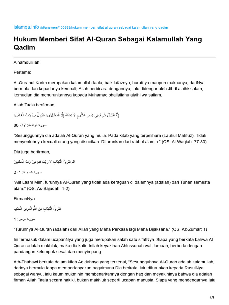 islamqa.info-Hukum Memberi Sifat Al-Quran Sebagai Kalamullah Yang Qadim ...