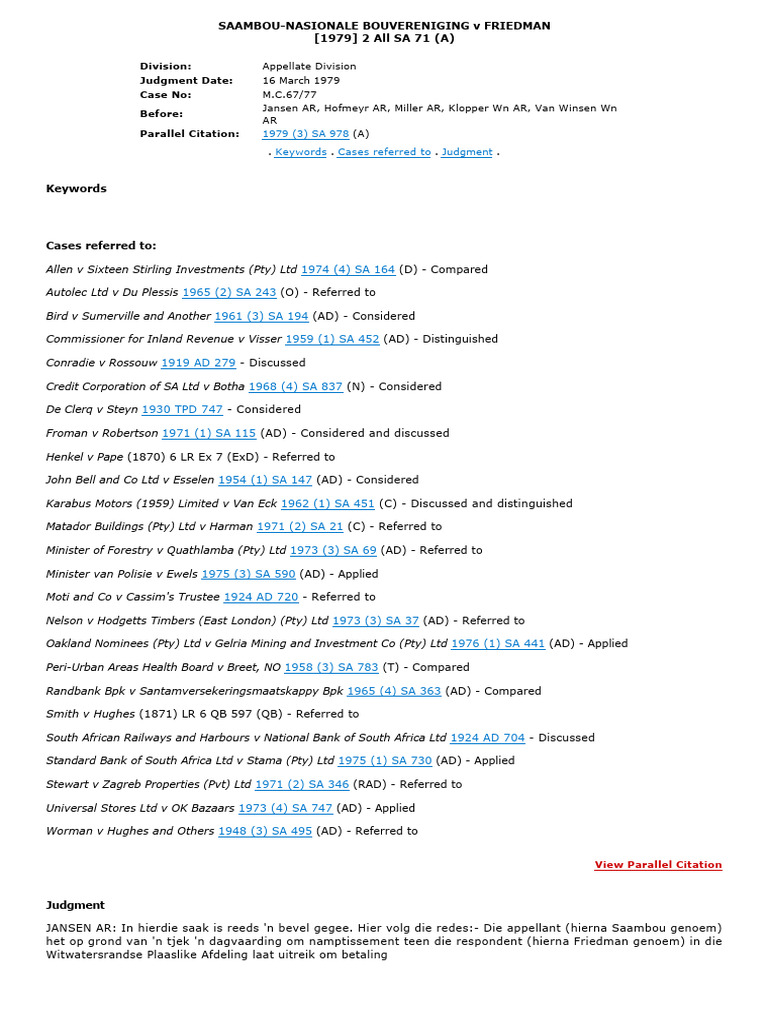 SAAMBOU-NASIONALE BOUVERENIGING V FRIEDMAN (1979) 2 All SA 71 (A) | PDF