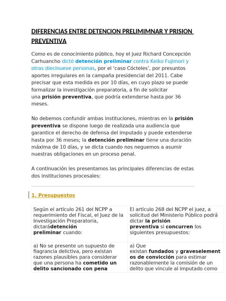 Diferencias Entre Detencion Prelimimnar y Prision Preventiva | PDF ...