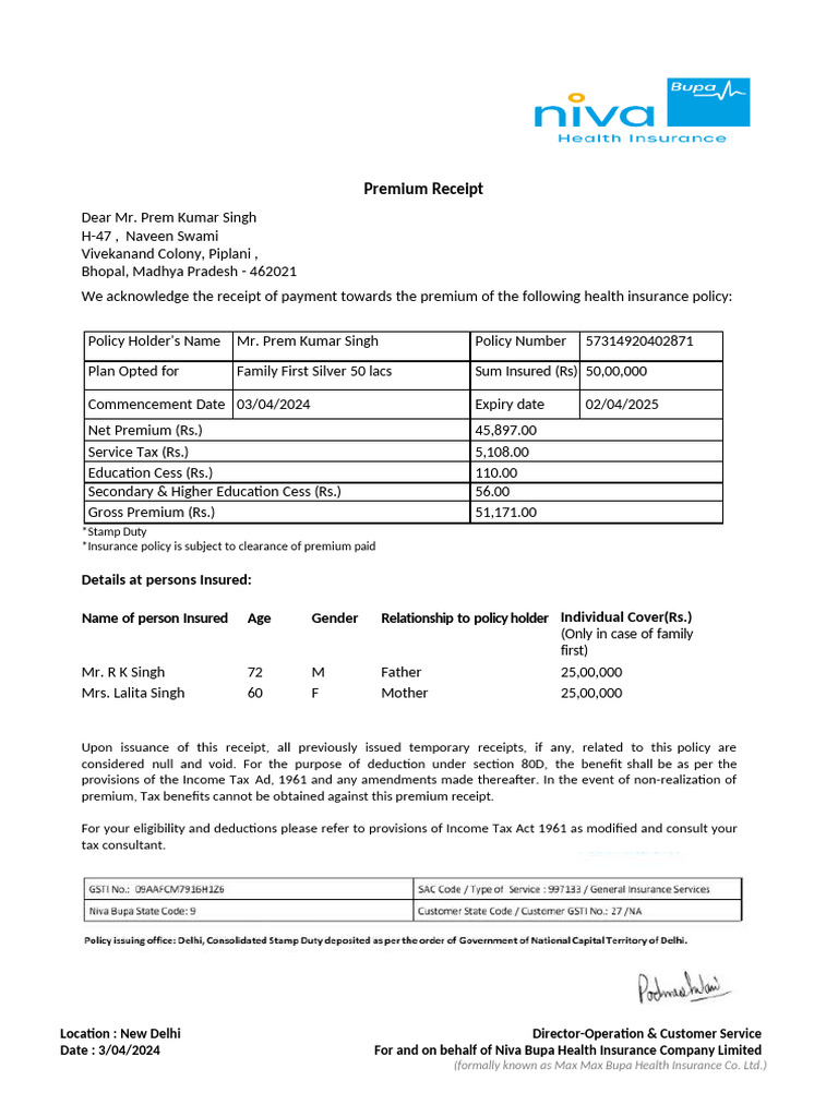 medical-insurance-premium-receipt-family | PDF | Taxes | Insurance