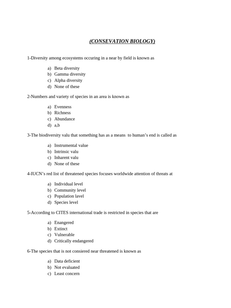 Conservation Biology Quiz Questions | PDF | Inbreeding | Natural Selection