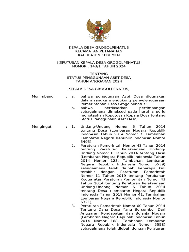 SK No 1 Penetapan Status Penggunaan Aset Desa Thn 2024 Tgl 2 Jan 2024 | PDF