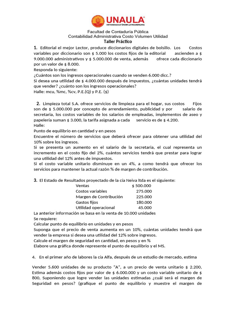 Taller Modelo Costo Volumen Utilidad | PDF | Precios | Sector privado