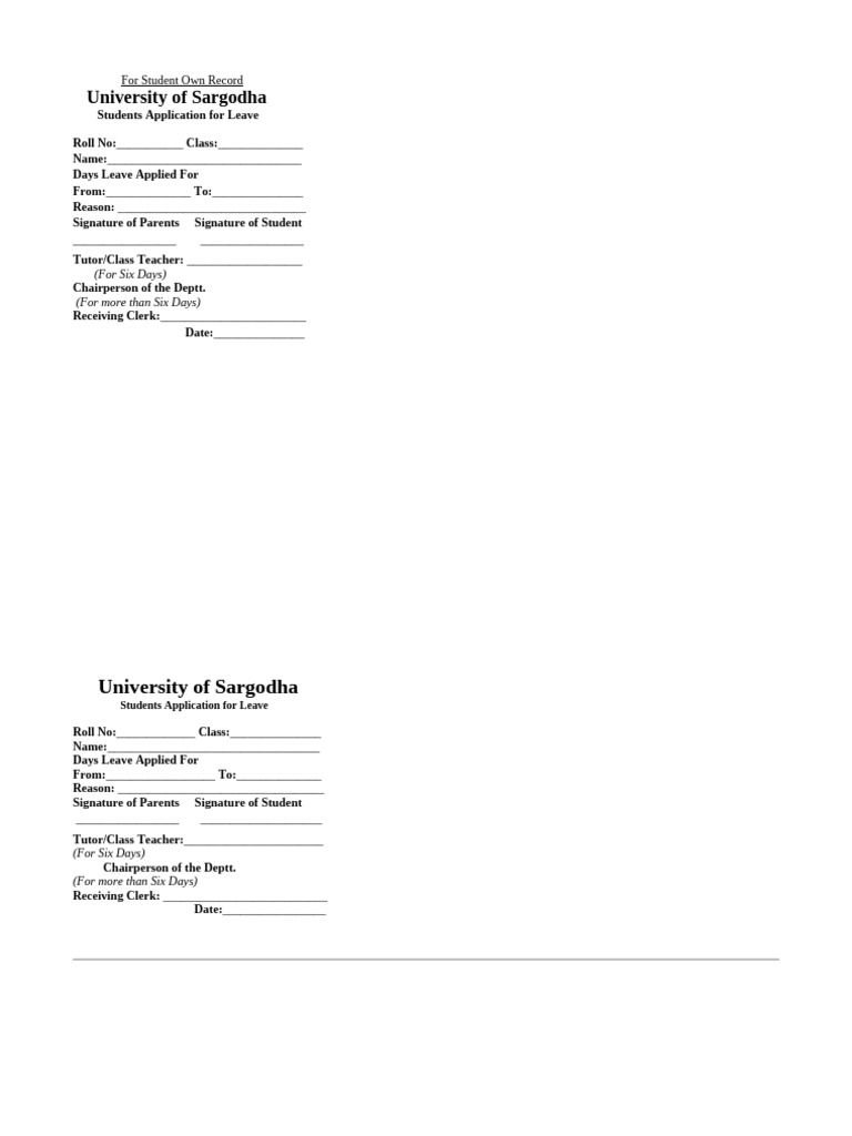 UOS Leave Form For Student 2025 | PDF