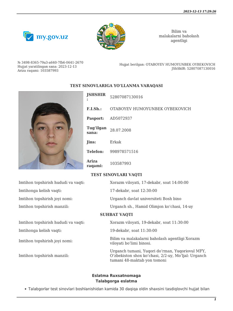 Test Sinovlariga Yo Llanma Varaqasi Jshshir: F.I.Sh.: Pasport: Tug ...