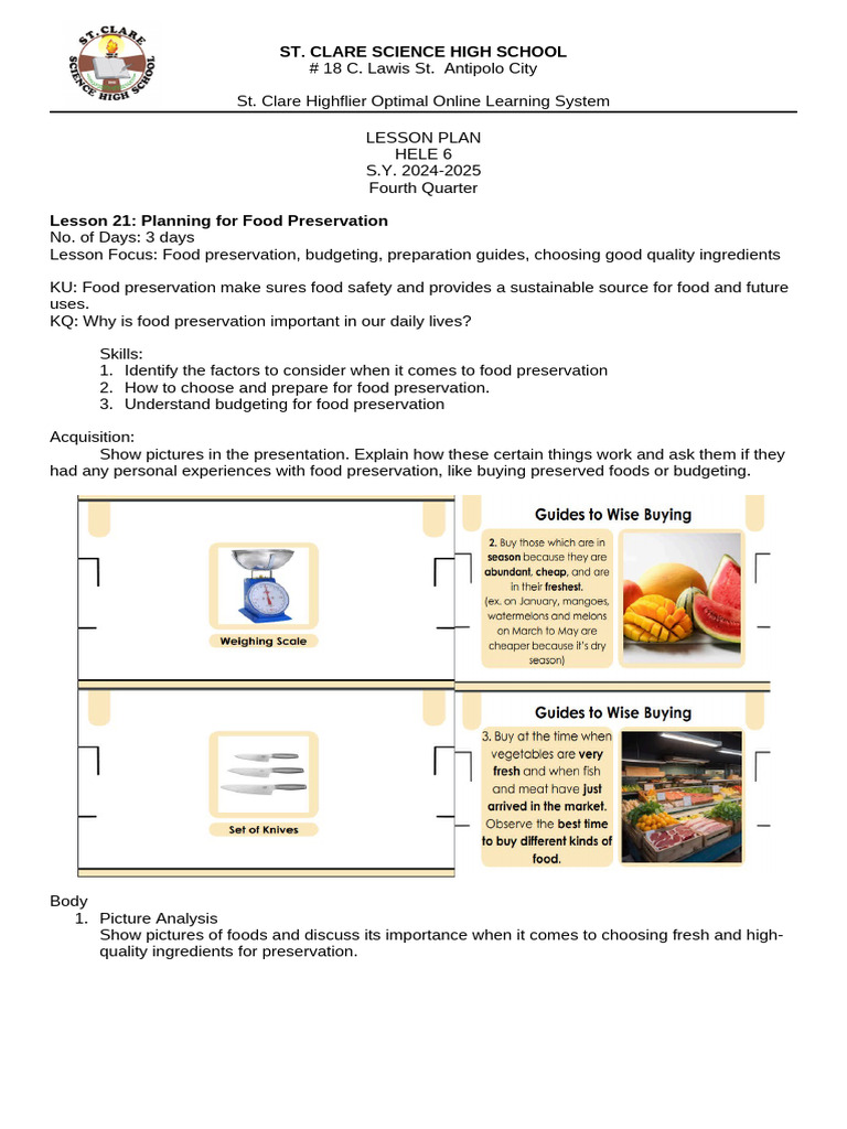 Food Preservation Lesson Plan for HELE 6 | PDF