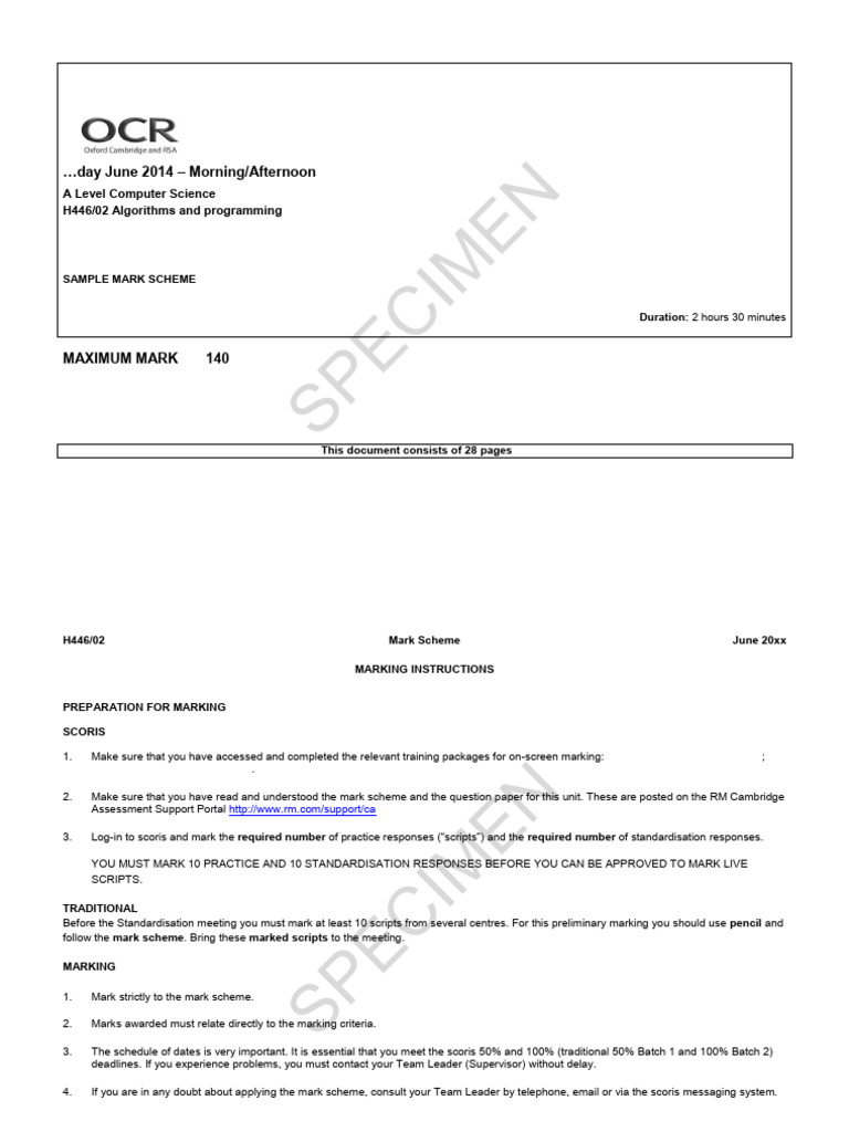 Specimen MS - Paper 2 OCR Computer Science A-Level - Cleaned | PDF ...