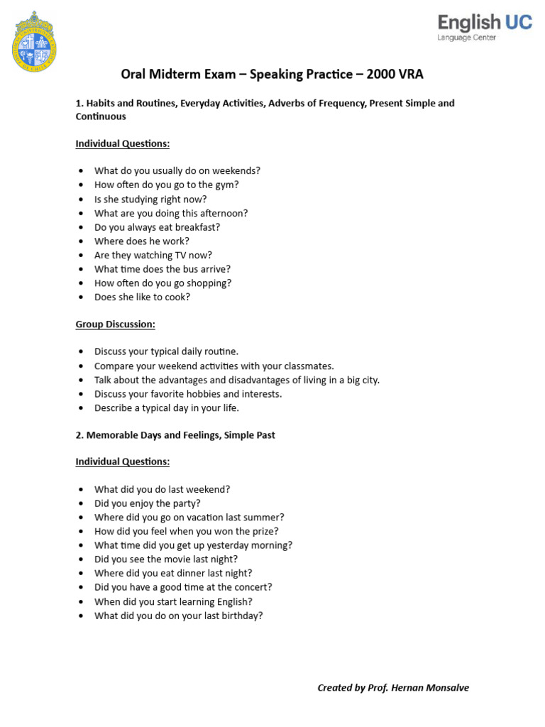 Oral Midterm Exam Speaking Practice VRA 2000 | PDF