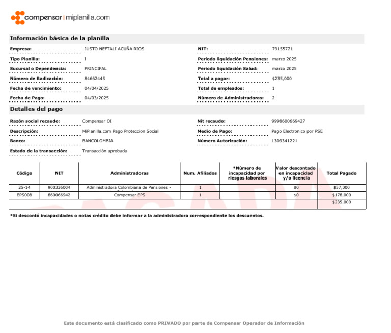 Informe de Pago Compensar EPS | PDF | Liquidación (Finanzas) | Finanzas y dinero