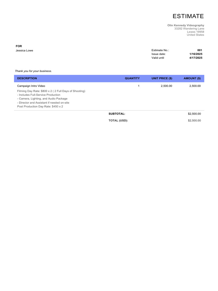 Estimate: Jessica Lowe Estimate No.: Issue Date: Valid Until | PDF