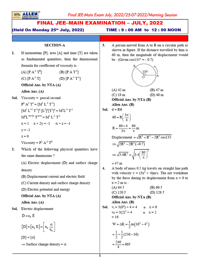 July Jee Mains Physics 2022 | PDF | Gases | Capacitor