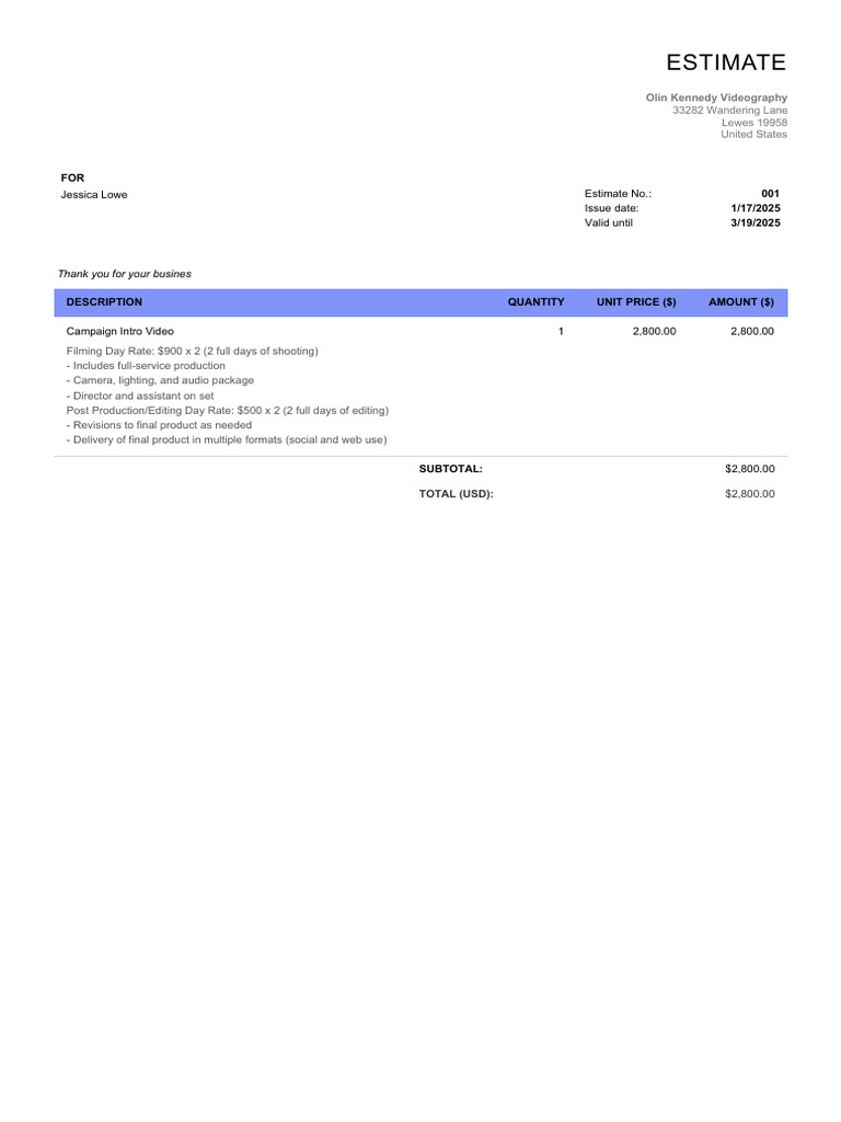 Olin Kennedy Videography Estimate | PDF