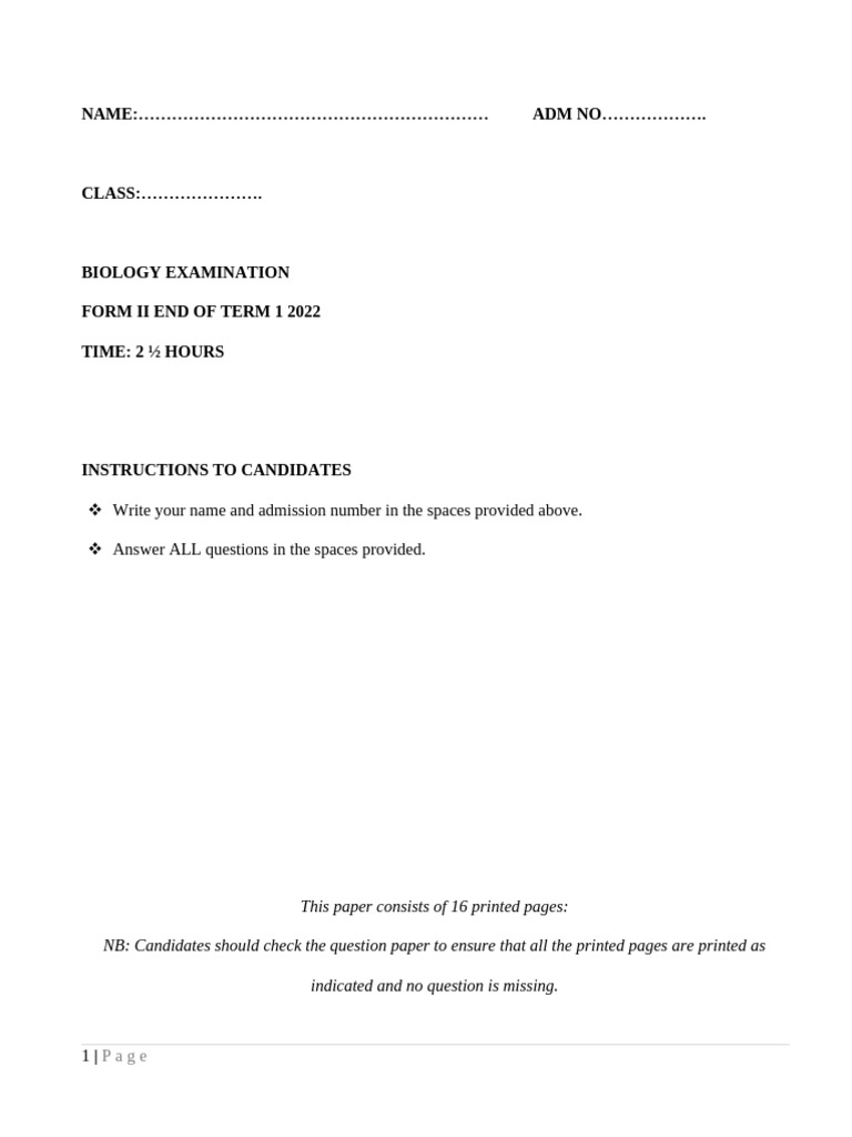 Biology Term 1 Exam Form 2 2022 End Term 1 Teacher - Co .Ke | PDF | Biology