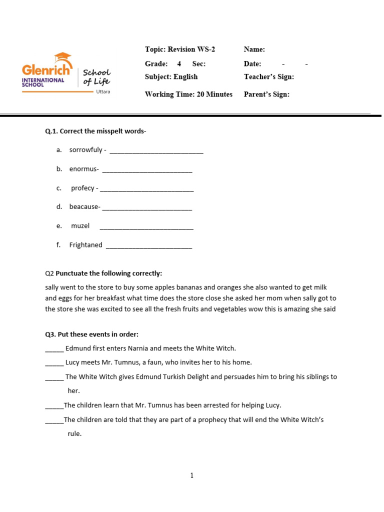 GR 4 English Revision Worksheet 2 | PDF