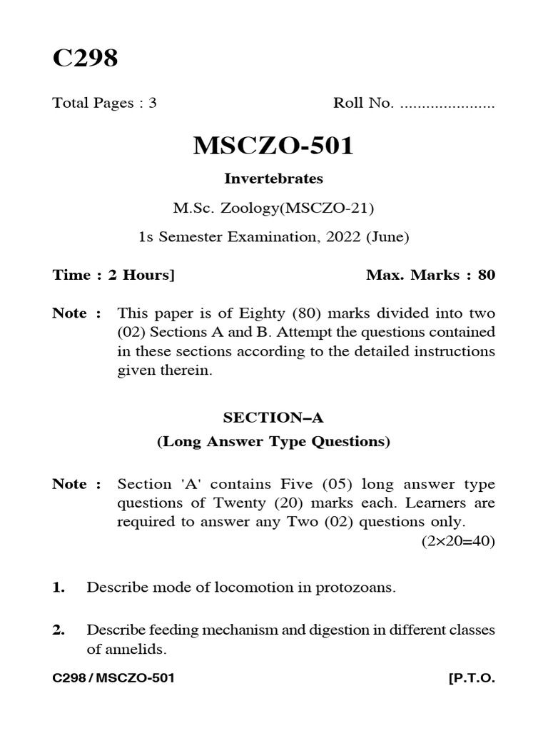 Invertebrates Exam Paper MSCZO-501 | PDF