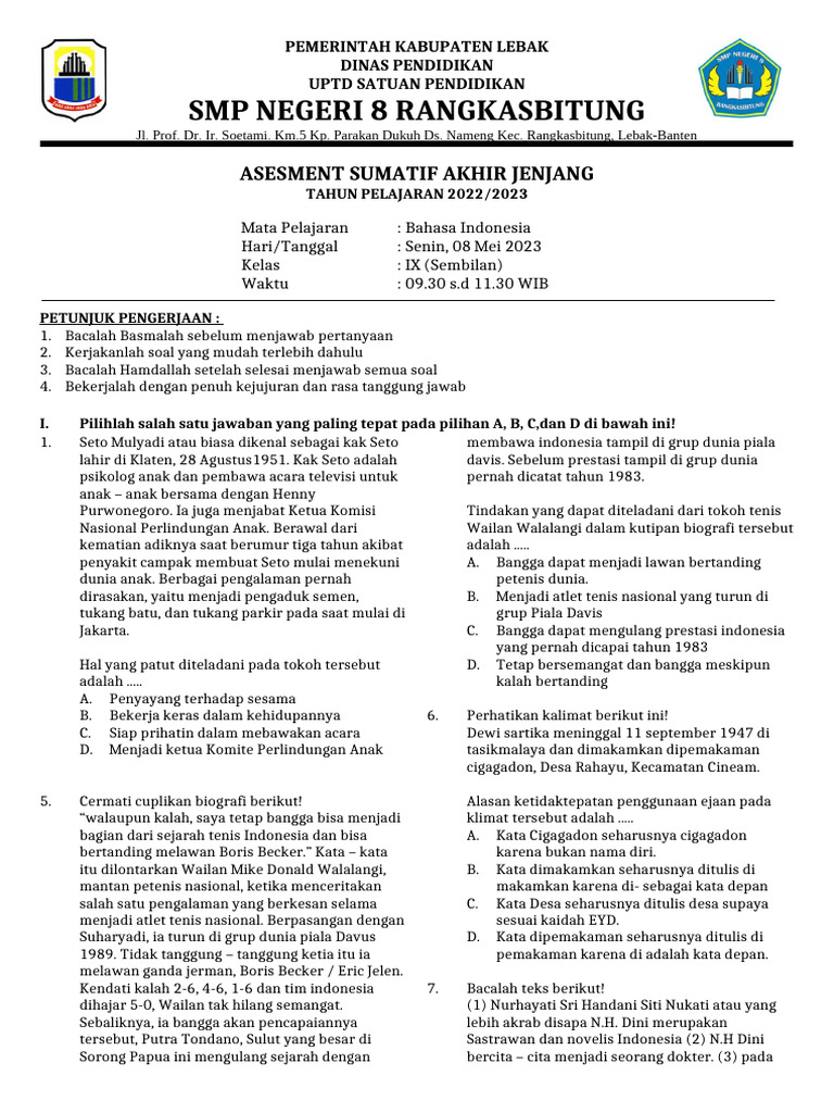 Soal Sumatif Bhs. Indonesia Kelas Ix | PDF