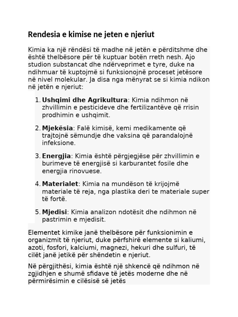 Rendesia e Kimise Ne Jeten e Njeriut | PDF