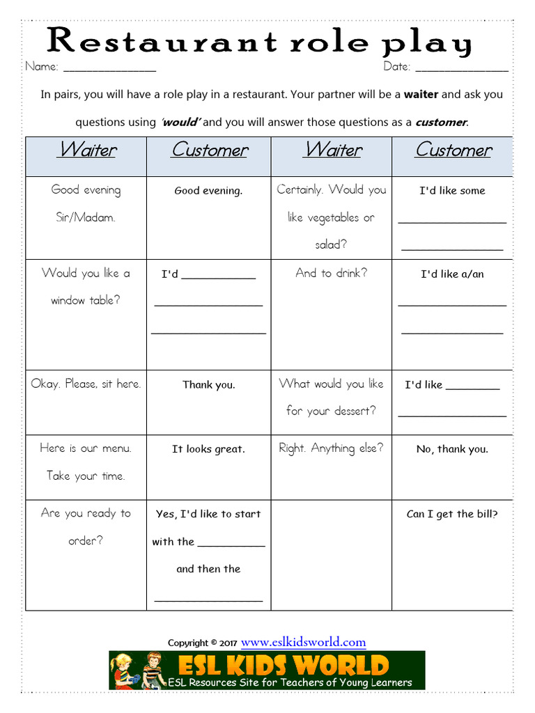 Restaurant Role Play Dialogue Worksheet | PDF