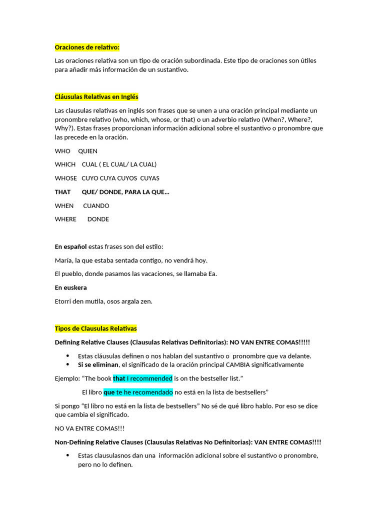 Oraciones de Relativo | PDF | Oración (Lingüística) | Gramática