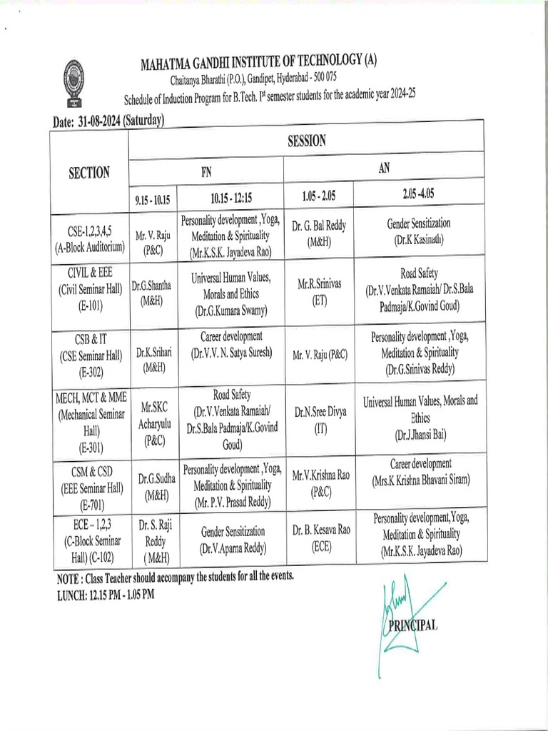 Schedule For Induction Program | PDF