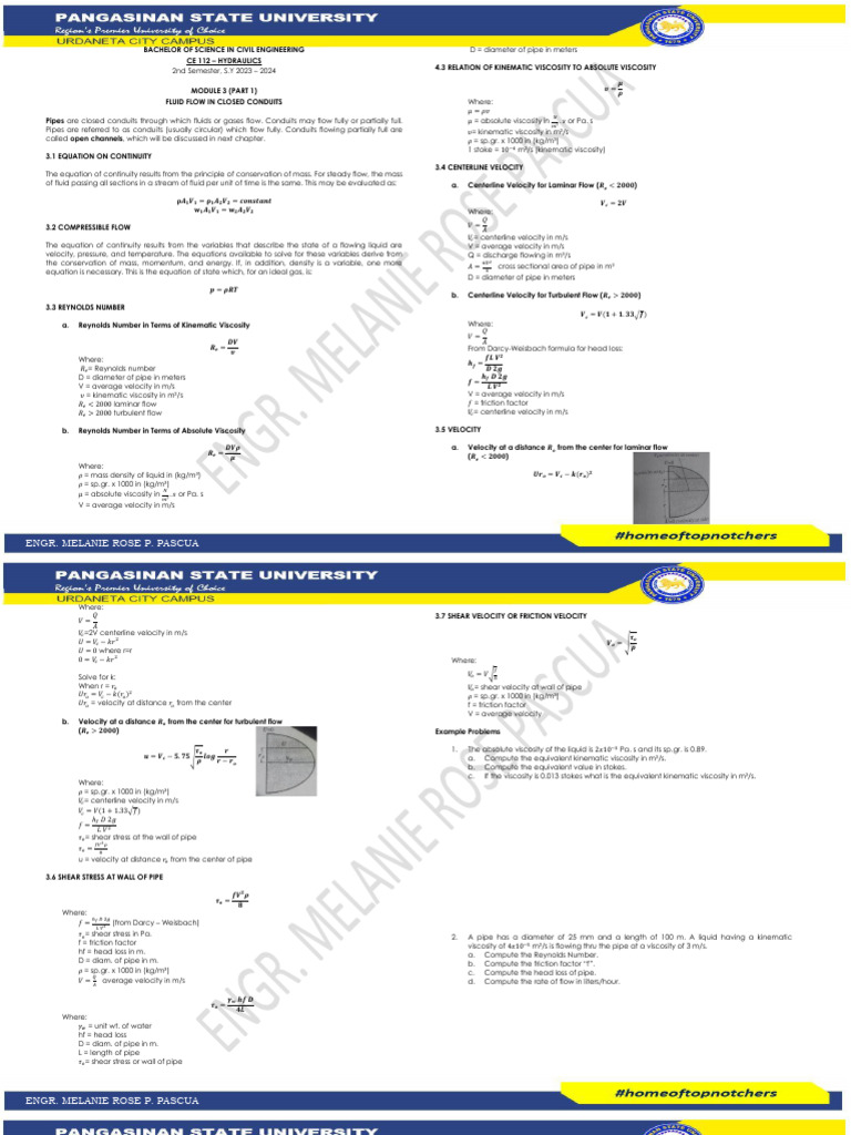 Module 3 Part 1 Fluid Flow in Closed Conduits | PDF | Reynolds Number ...