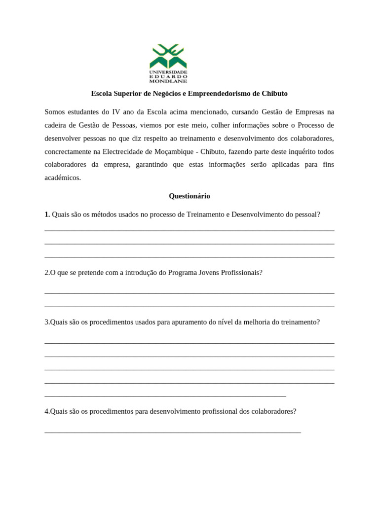 Inquérito sobre Treinamento na EDM Chibuto | PDF | Gestão de recursos ...