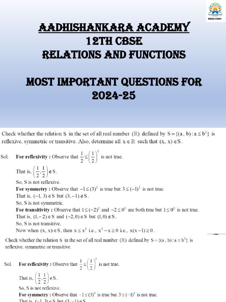 1. Class XII RELATIONS & FUNCTIONS Most Important Questions for 2024-25 Examination | PDF ...