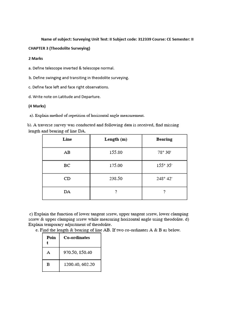 Theodolite and Levelling Surveying Test | PDF | Surveying ...