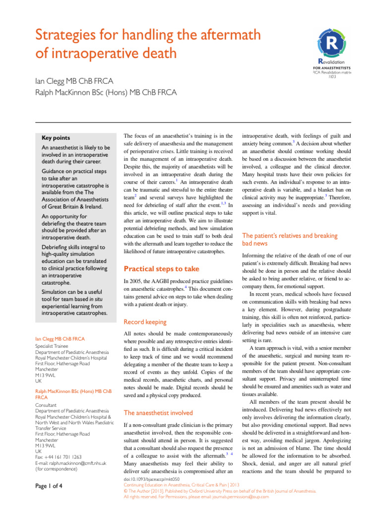 Intraoperative Death: Management Strategies | PDF | Learning | Health Care