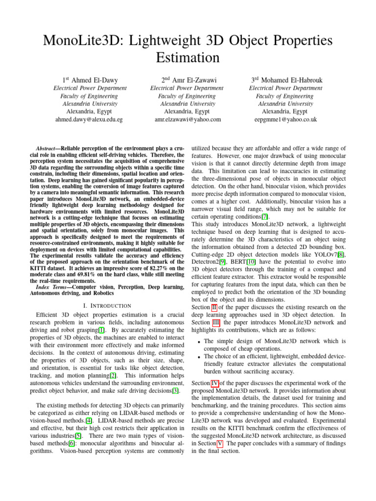 MonoLite3D Lightweight 3D Object Properties Estima | PDF | Deep Learning