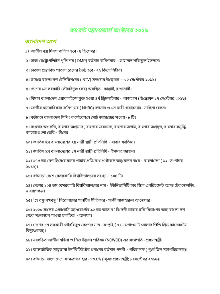 Current Affairs October 2019 Hand Note (MD Roman) | PDF