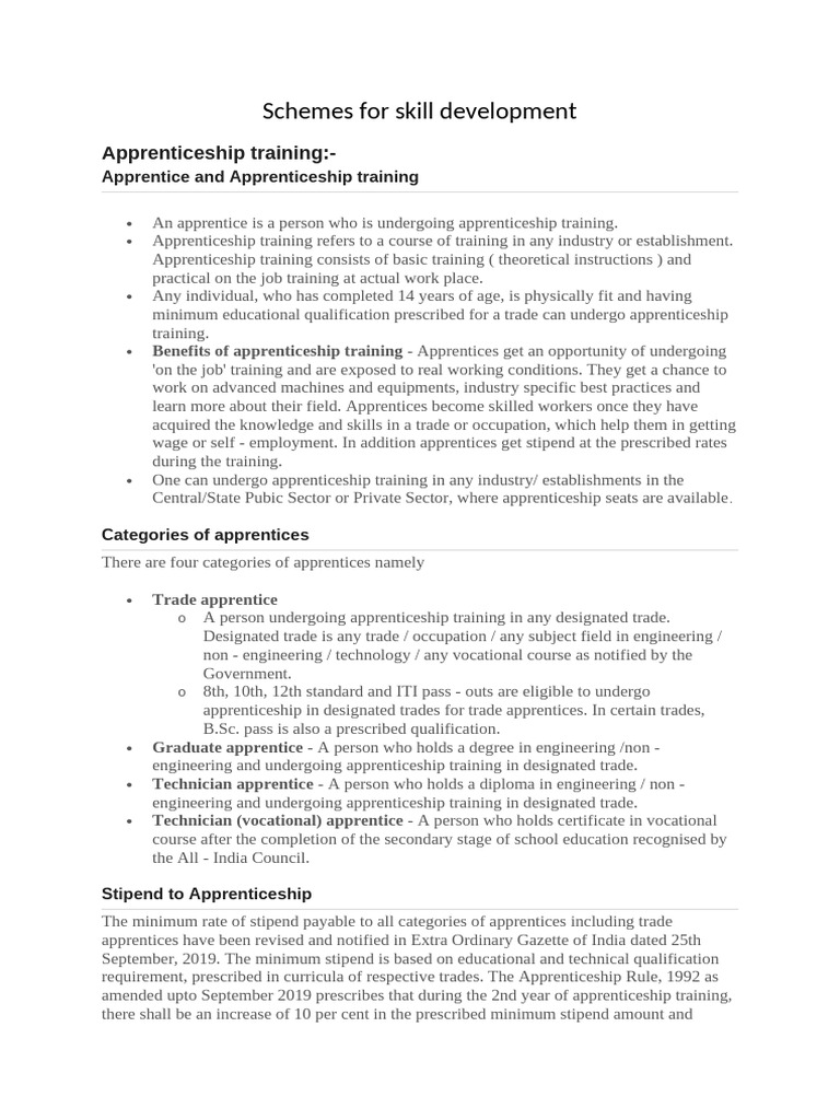 Schemes for skill development | PDF | Apprenticeship | Vocational Education