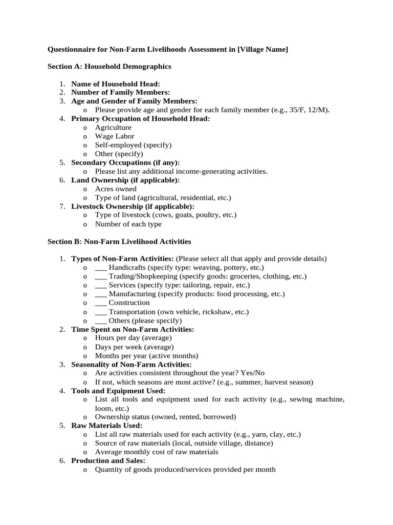 Non-Farm Livelihoods Assessment Questionnaire | PDF | Income | Demand