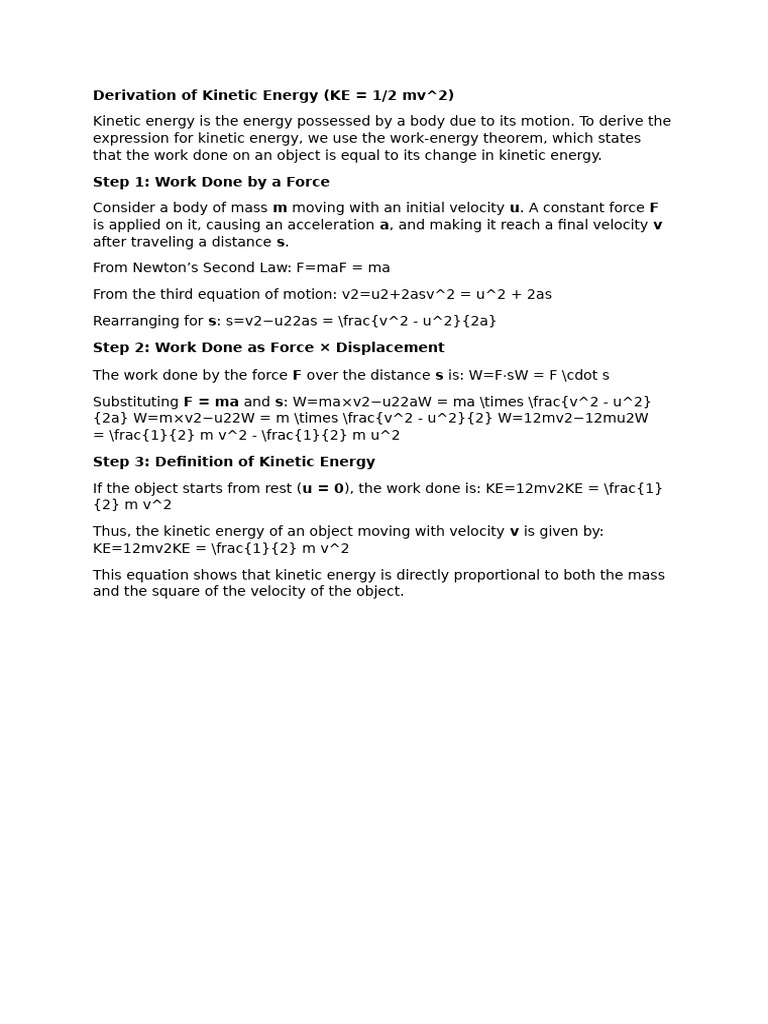 Derivation of Kinetic Energy | PDF