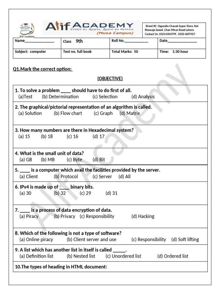 Name - Class Roll No. - Date - Subject: Computer Test No. Full Book ...