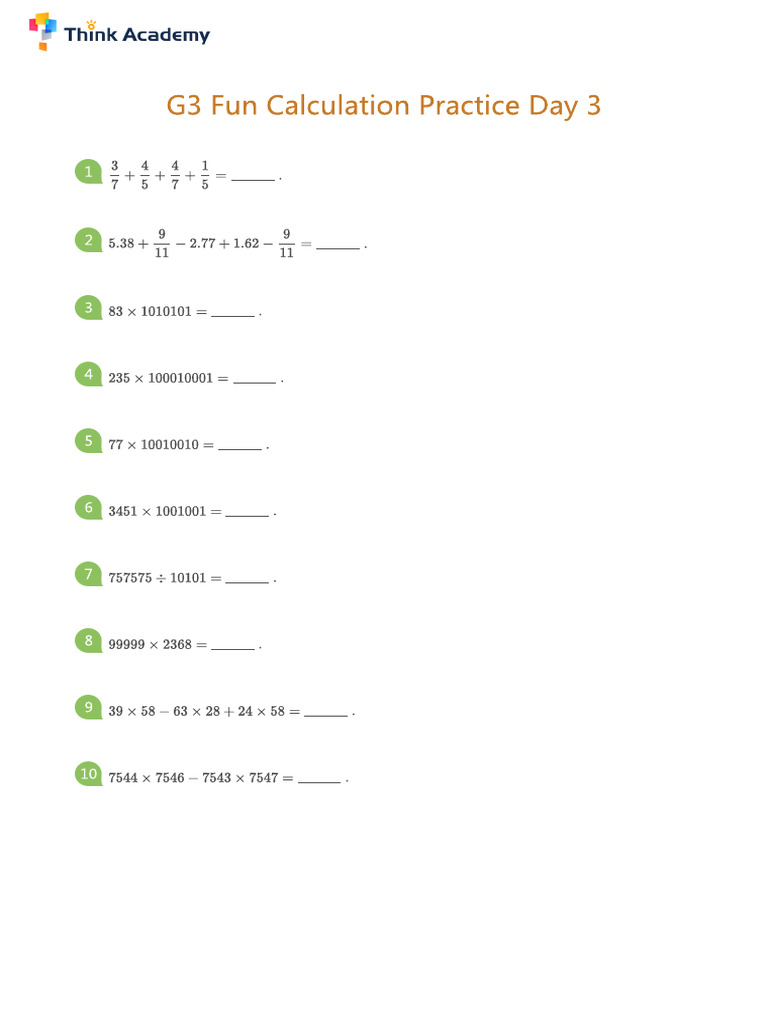 G3 Fun Calculation Practice Day 3 (学生版) | PDF