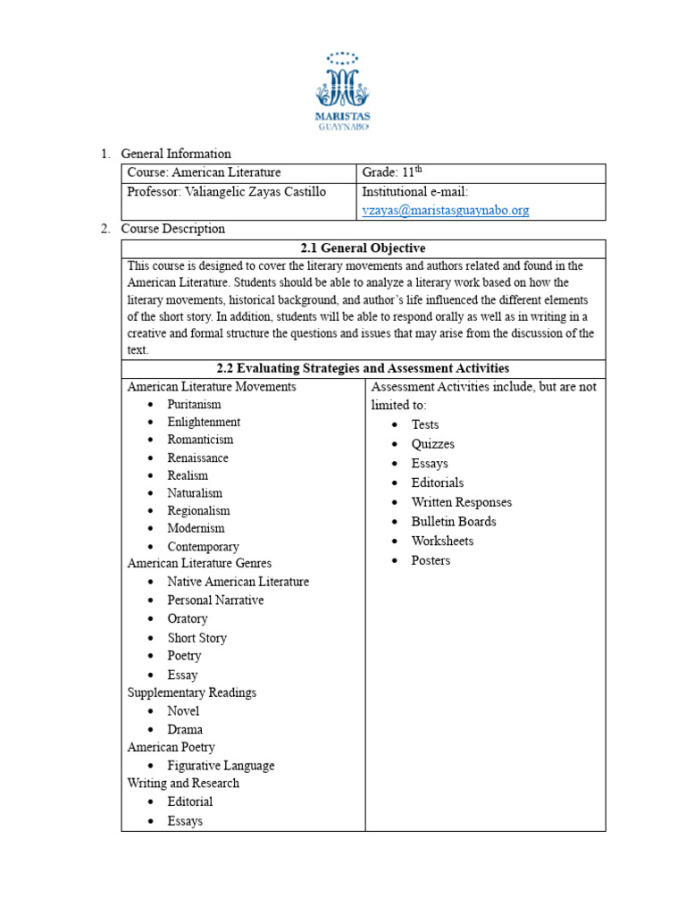 American Literature Syllabus | PDF | American Literature | Essays