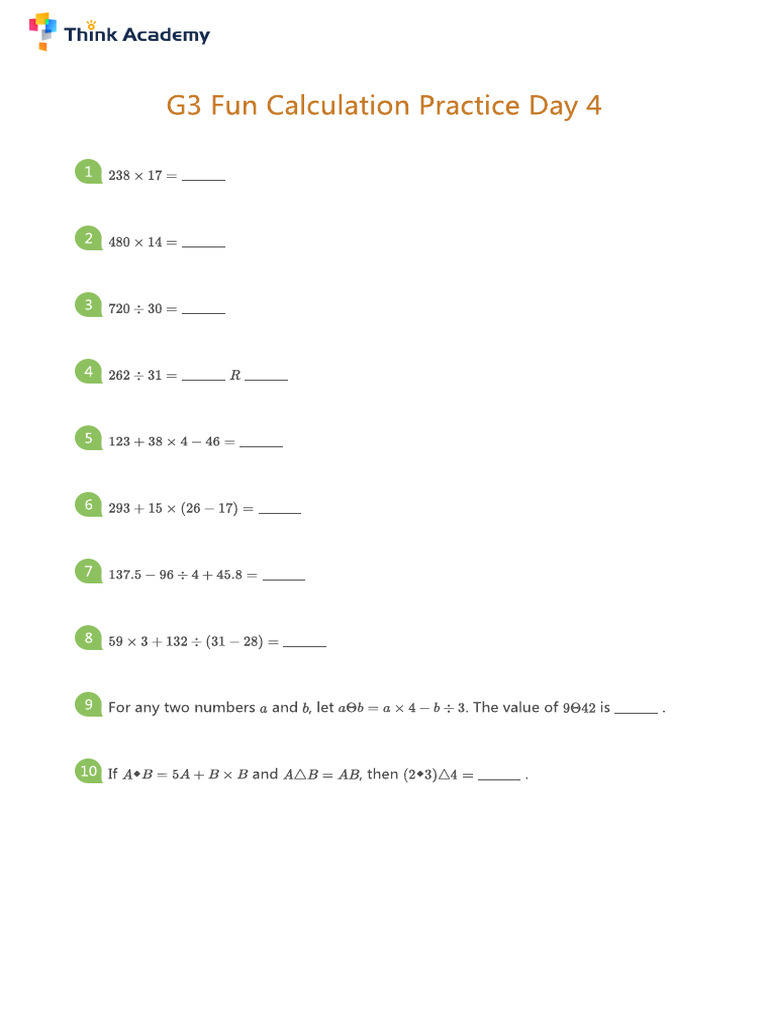 G3 Fun Calculation Practice Day 4 (学生版) | PDF