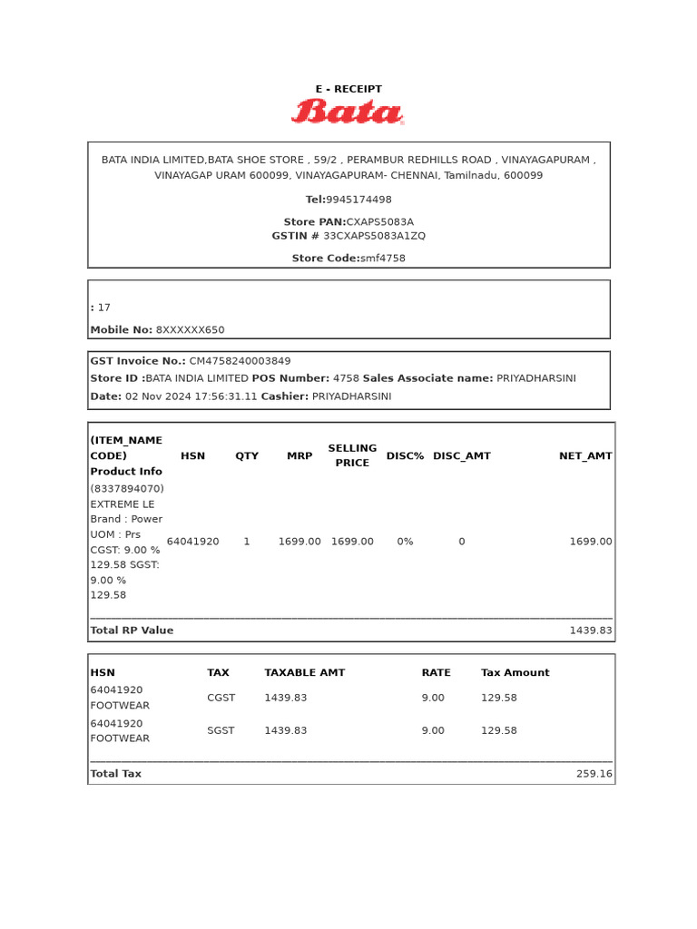 Bata Invoice and Warranty Details | PDF | Taxes | Receipt