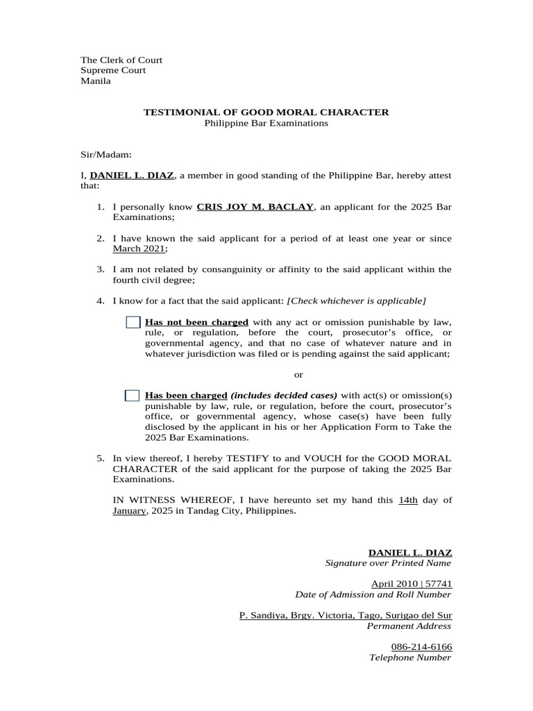 Annex B - Testimonial of Good Moral Character 01 - CMB | PDF