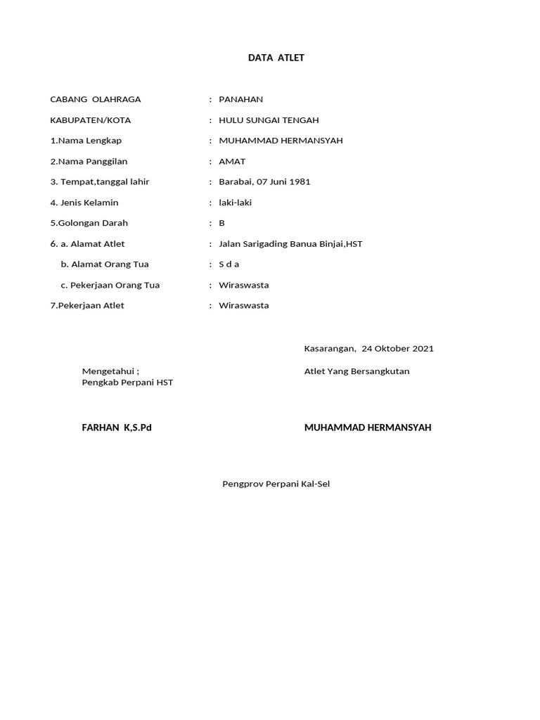 Data Atlet Panahan | PDF