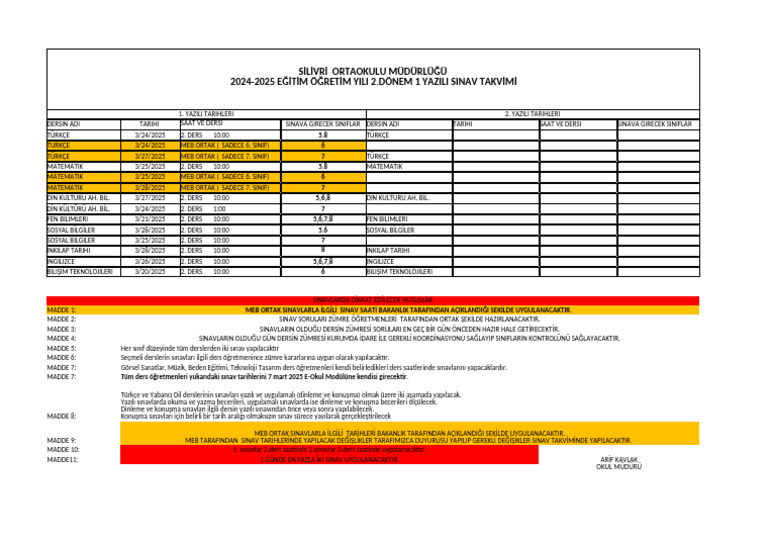 Si̇li̇vri̇ Ortaokulu Sinav Programi 2024-2025 2. Dönem 1 - Yazili Yoklama | PDF