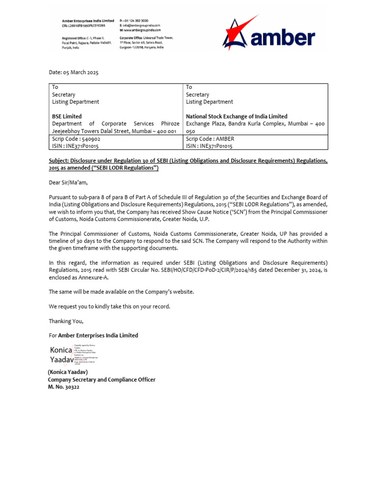 AMBER_05032025174935_Intimation_Show_Cause_Notice-05032024 | PDF ...