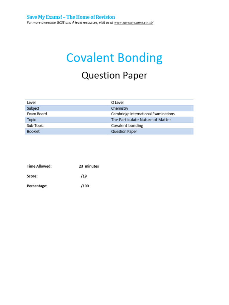 Covalent Bonding Question Paper | PDF | Chemical Bond | Chemical Compounds