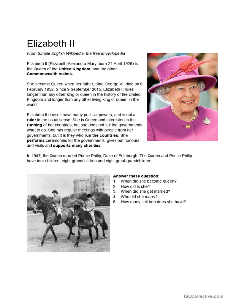 Elizabeth II Present Simple & Past Simple | PDF | Elizabeth Ii ...