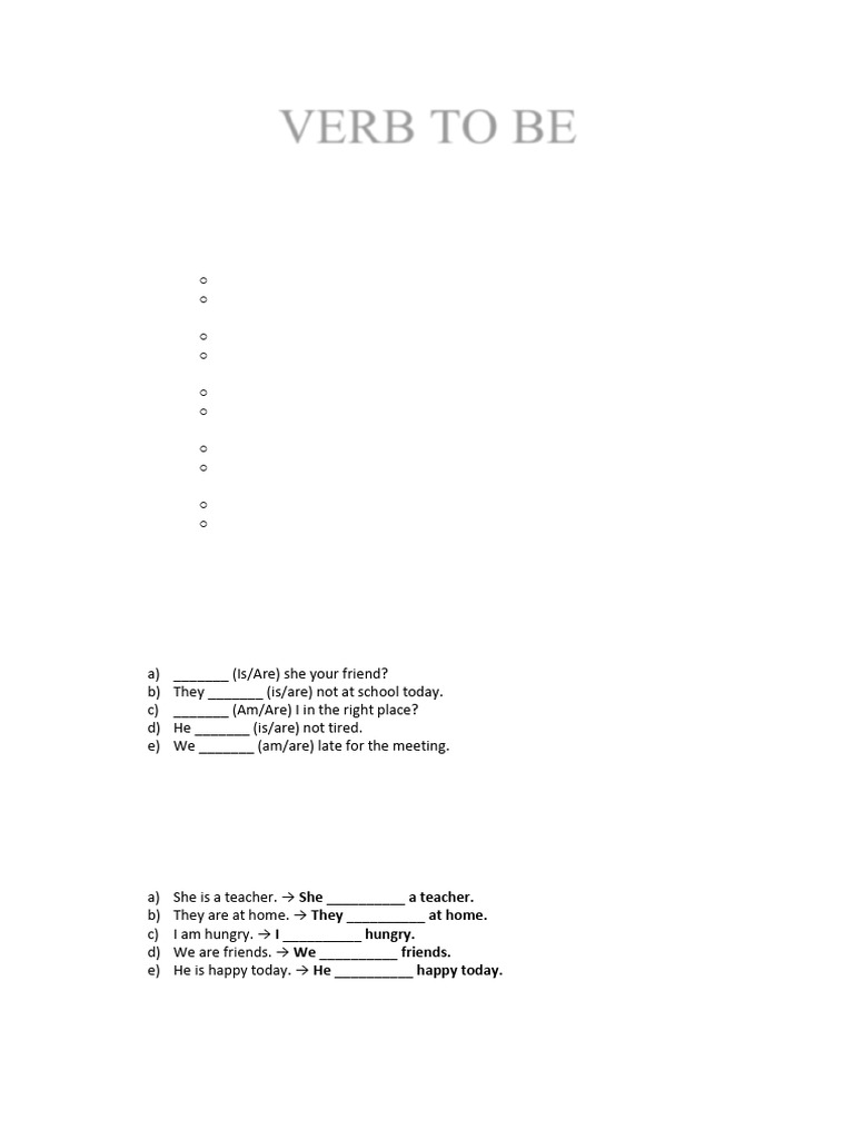 Verb To Be: Transformations and Exercises | PDF