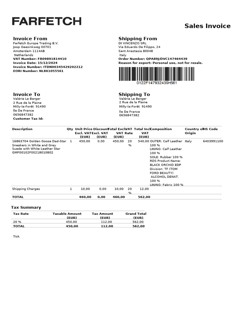 Golden Goose Dad-Star Invoice | PDF | Value Added Tax | Trade