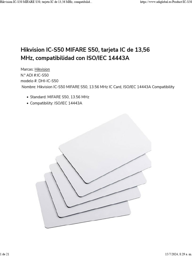 Hikvision IC-S50 MIFARE S50, Tarjeta IC de 13,56 MHZ, Compatibilidad ...
