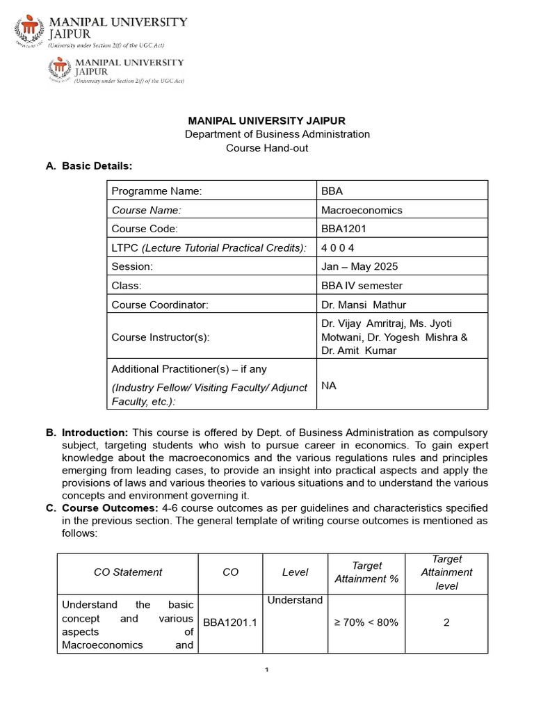 Course Handout Macroeconomics BBA 1201 | PDF