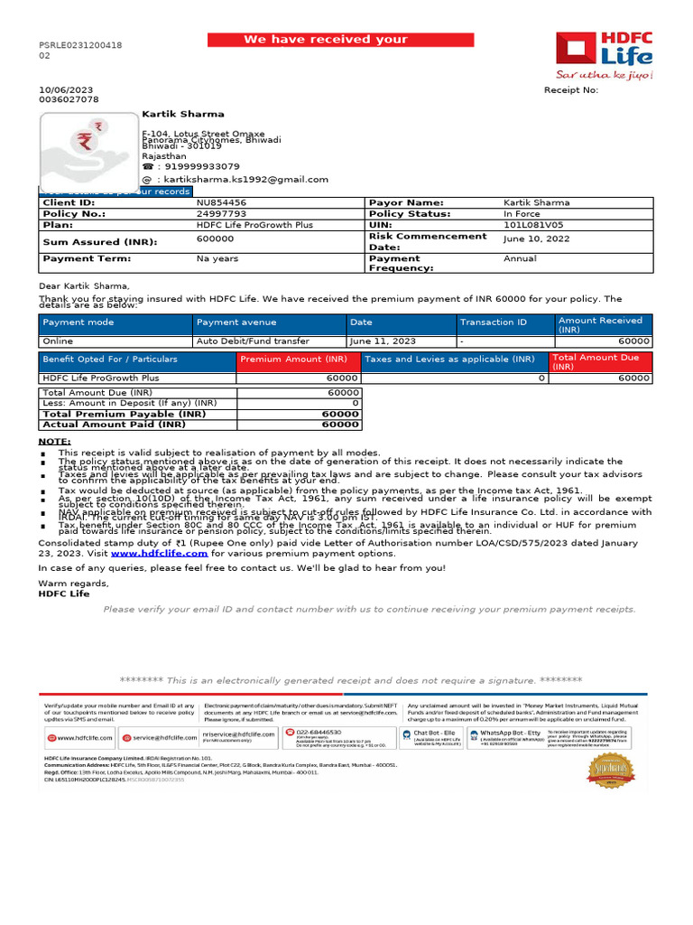 Discovery Fund Premium Receipts | PDF | Life Insurance | Insurance